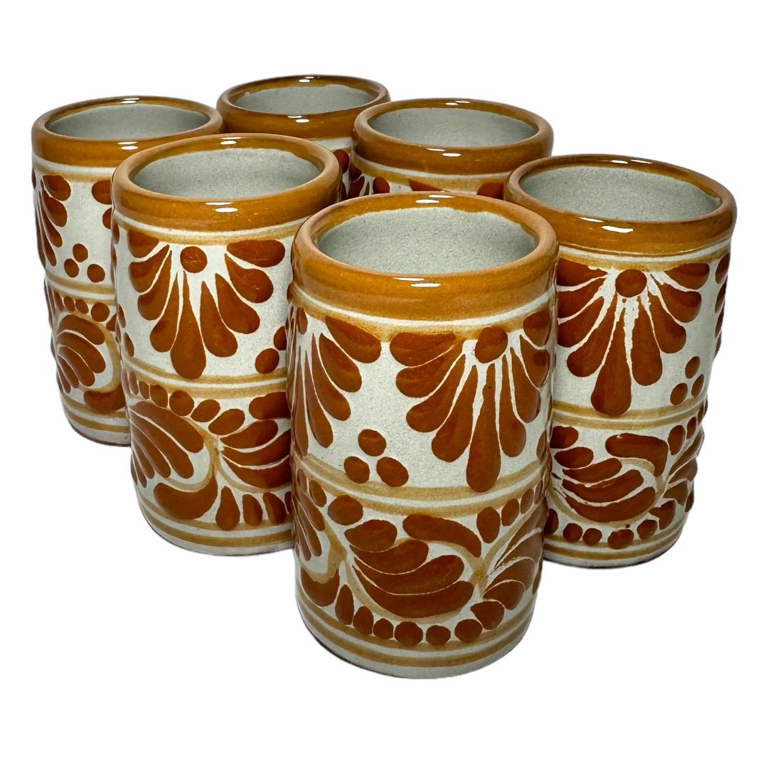 Set 6 Tequileros Fondo Blanco Con Terracota Cenefa - Talavera y ...